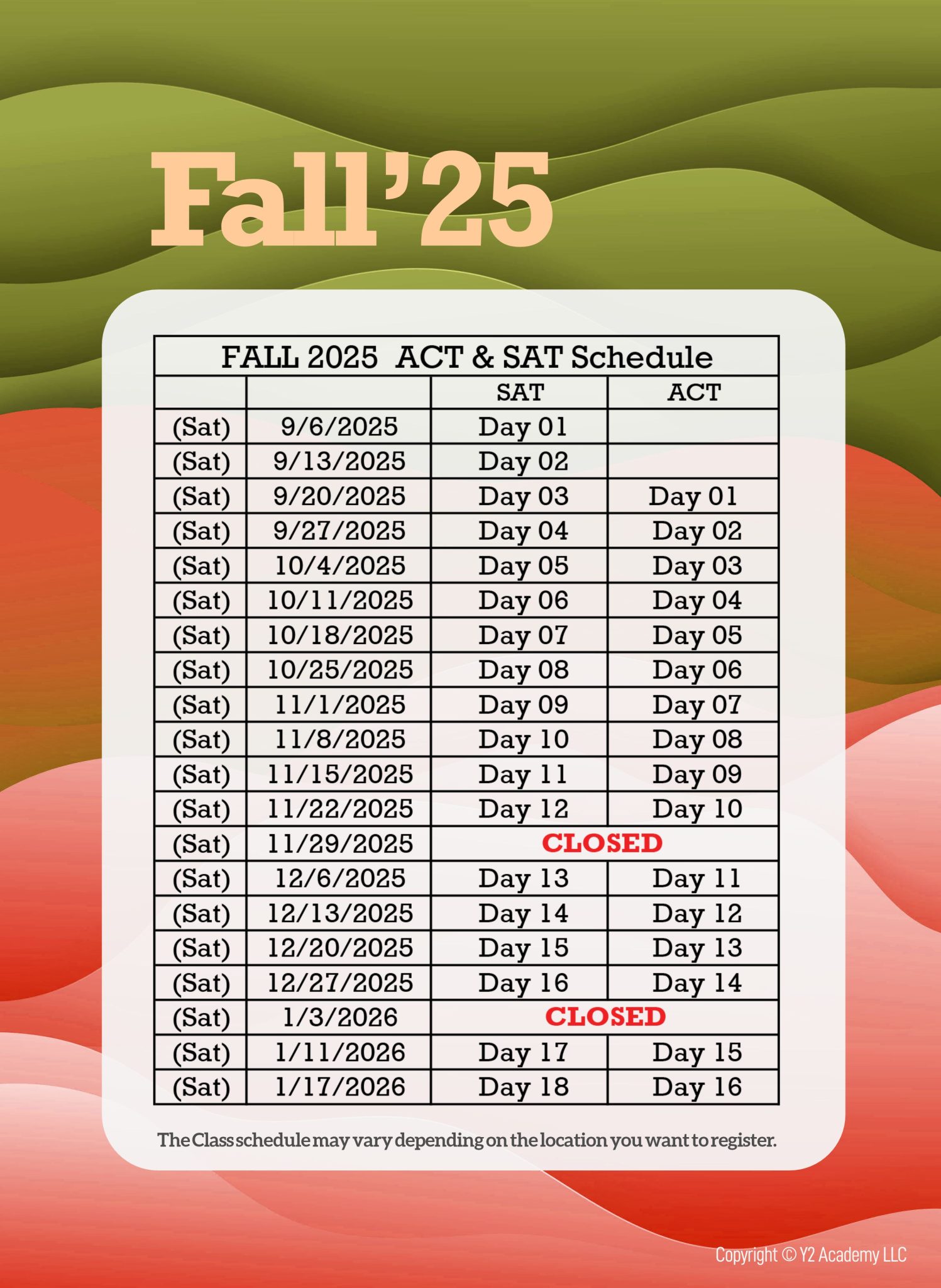 ACT and SAT Course Calendar & Schedule | Y2 Academy