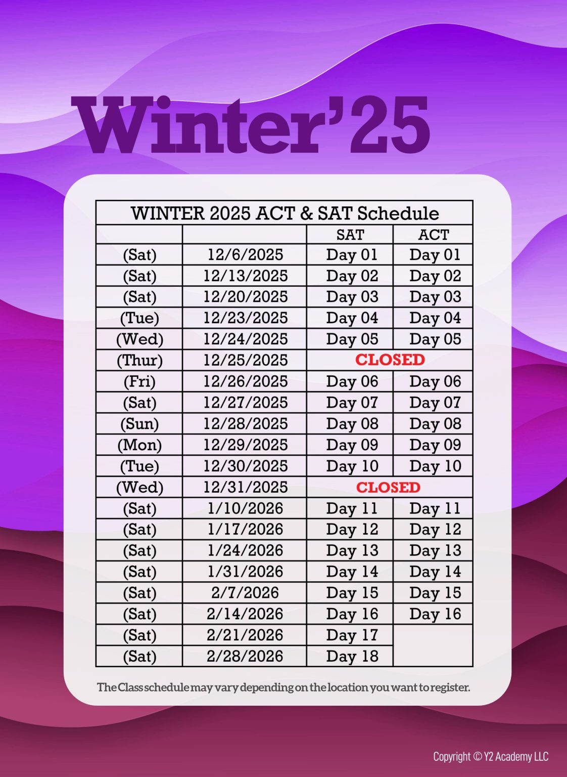 ACT and SAT Course Calendar & Schedule | Y2 Academy